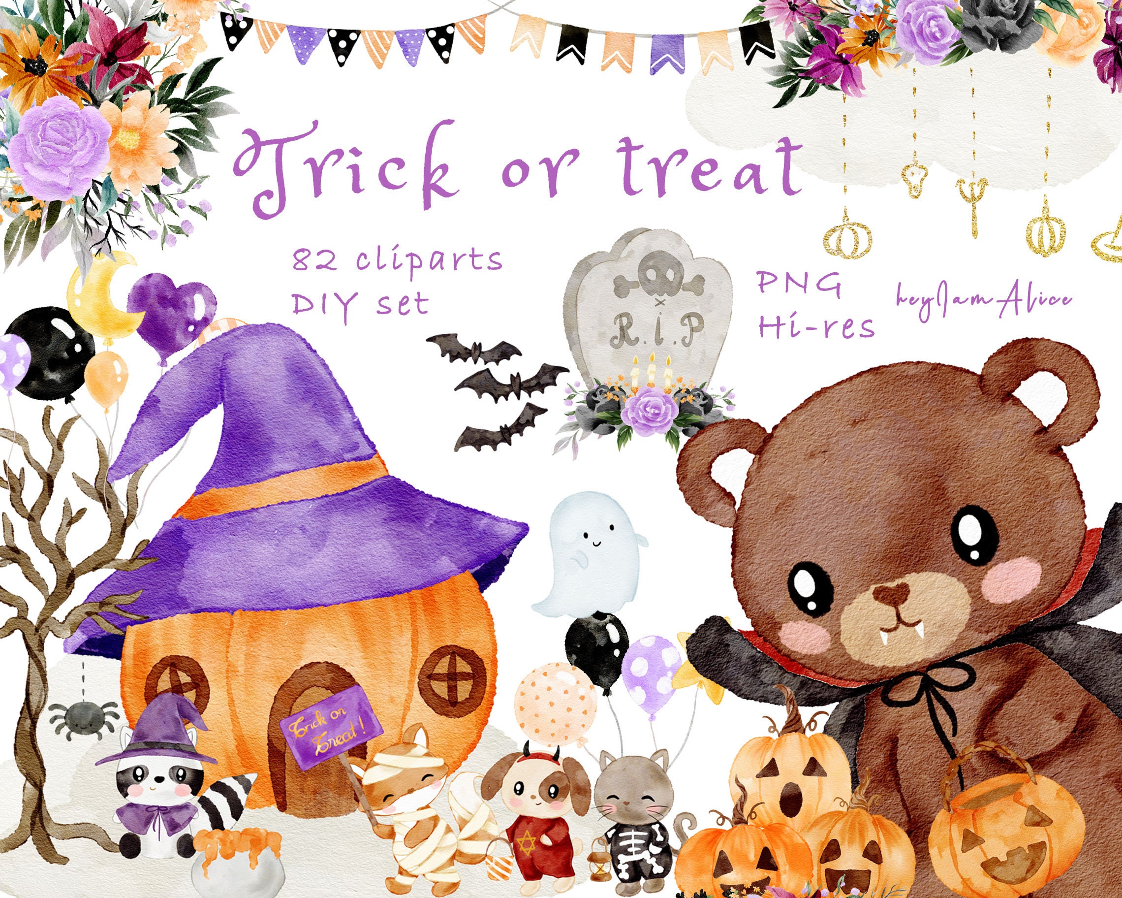 Halloween Watercolour Clipart Trick or Treat Clipart Baby | Etsy