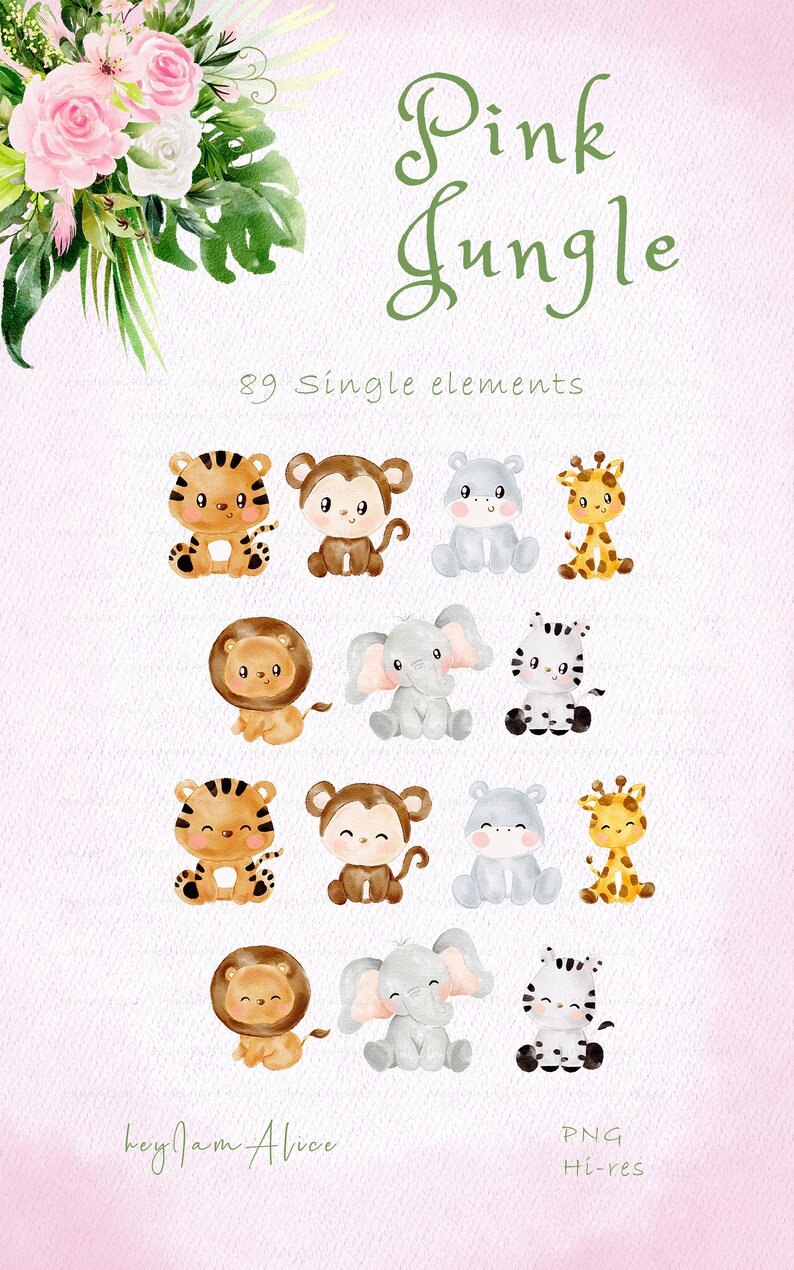 Pink Jungle Watercolor Animal Clipart, Jungle Nursery, Jungle Baby ...