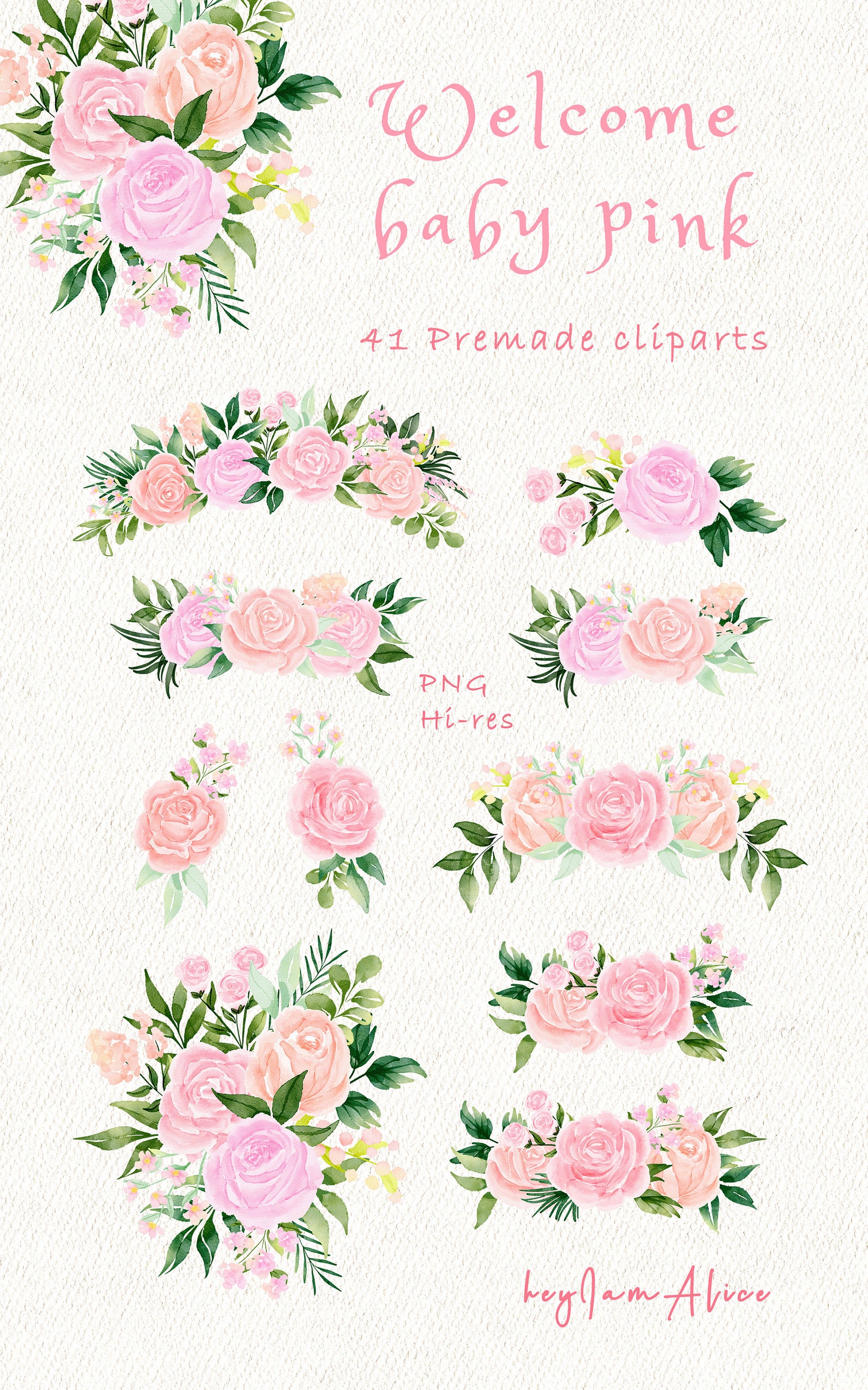 Welcome Baby watercolor clipart baby animal nursery pink | Etsy