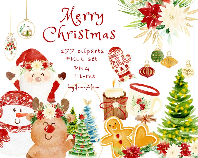 Christmas Clipart FREE COMMERCIAL Use Watercolor Merry X-mas - Etsy