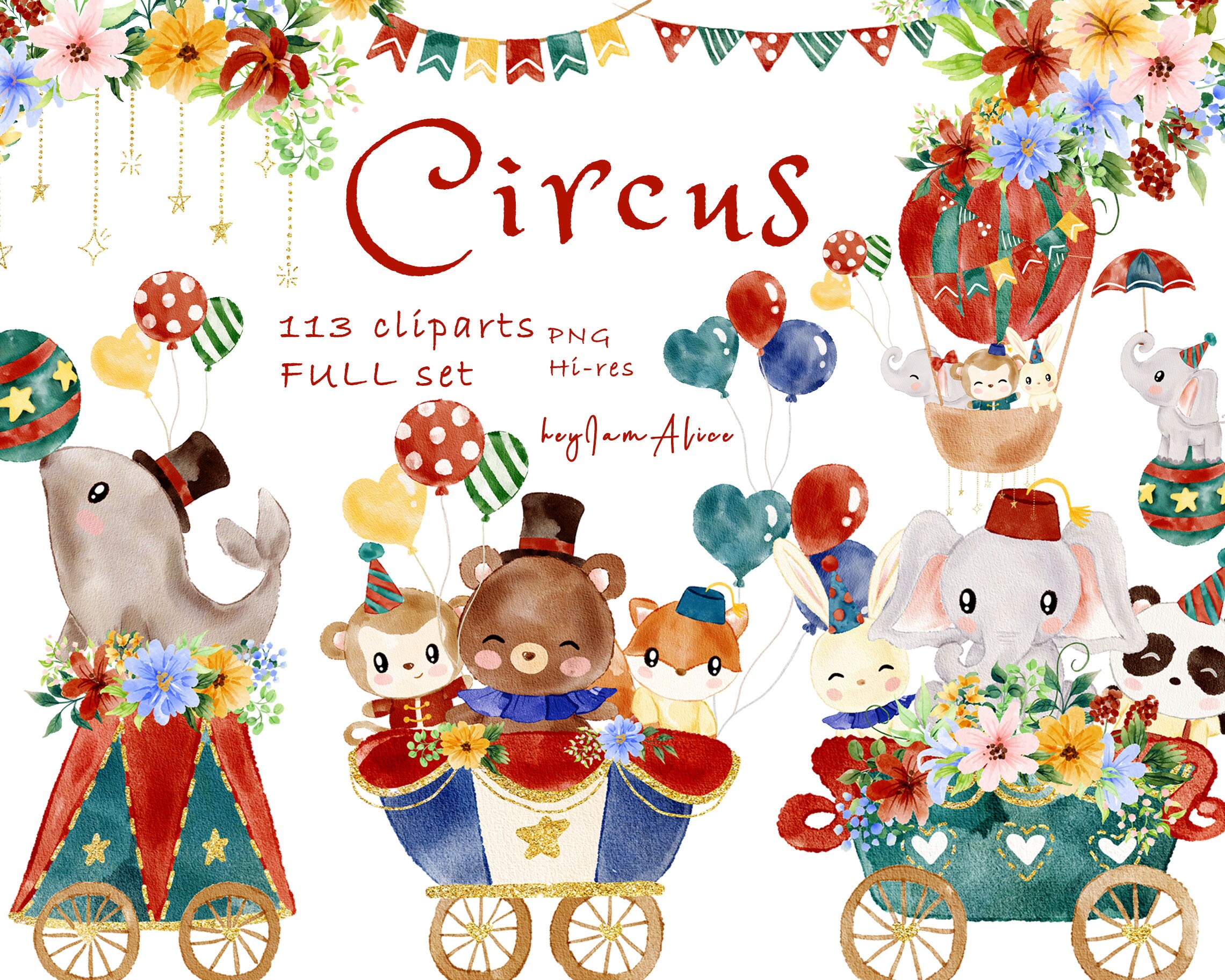 Circus Watercolor Clipart Red Circus Graphics Baby Animal - Etsy