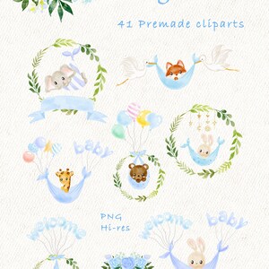 Welcome Baby Watercolor Clipart, Baby Animal, Nursery Blue, Gender ...