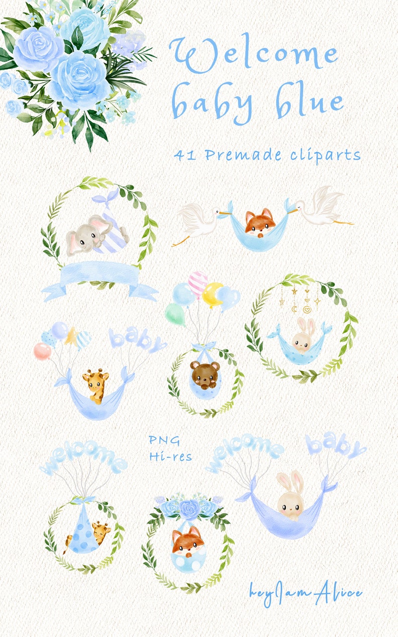Welcome Baby Watercolor Clipart Baby Animal Nursery Blue - Etsy