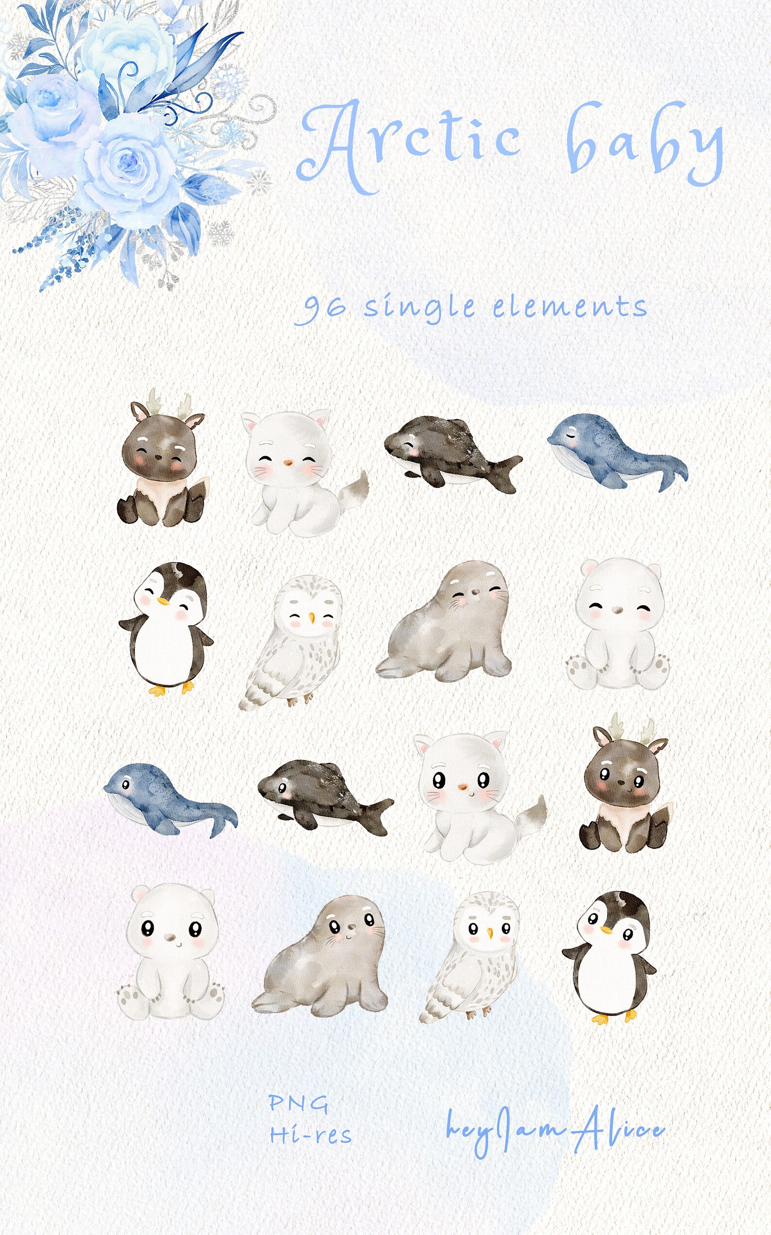 Arctic Animal Watercolor Clipart, Winter Holiday Graphic, Baby Polar ...