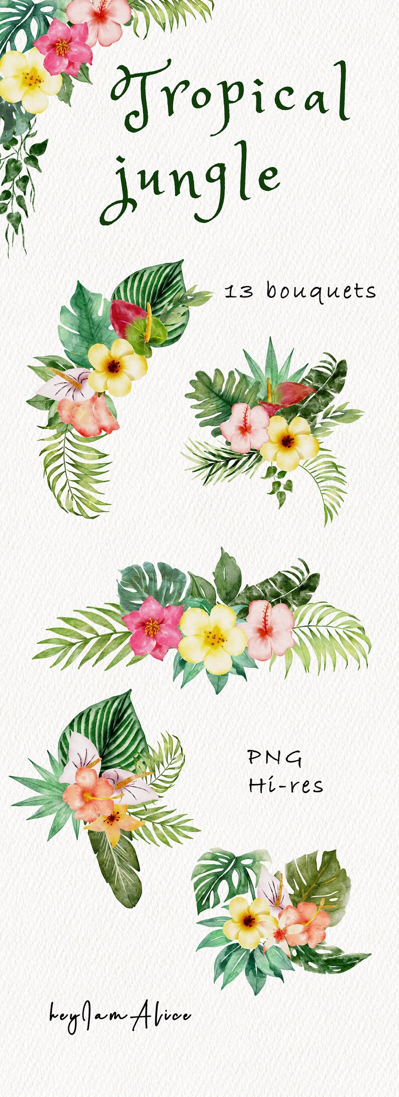 COMPLETE SET Tropical Jungle Flower Watercolor Clipart Free | Etsy