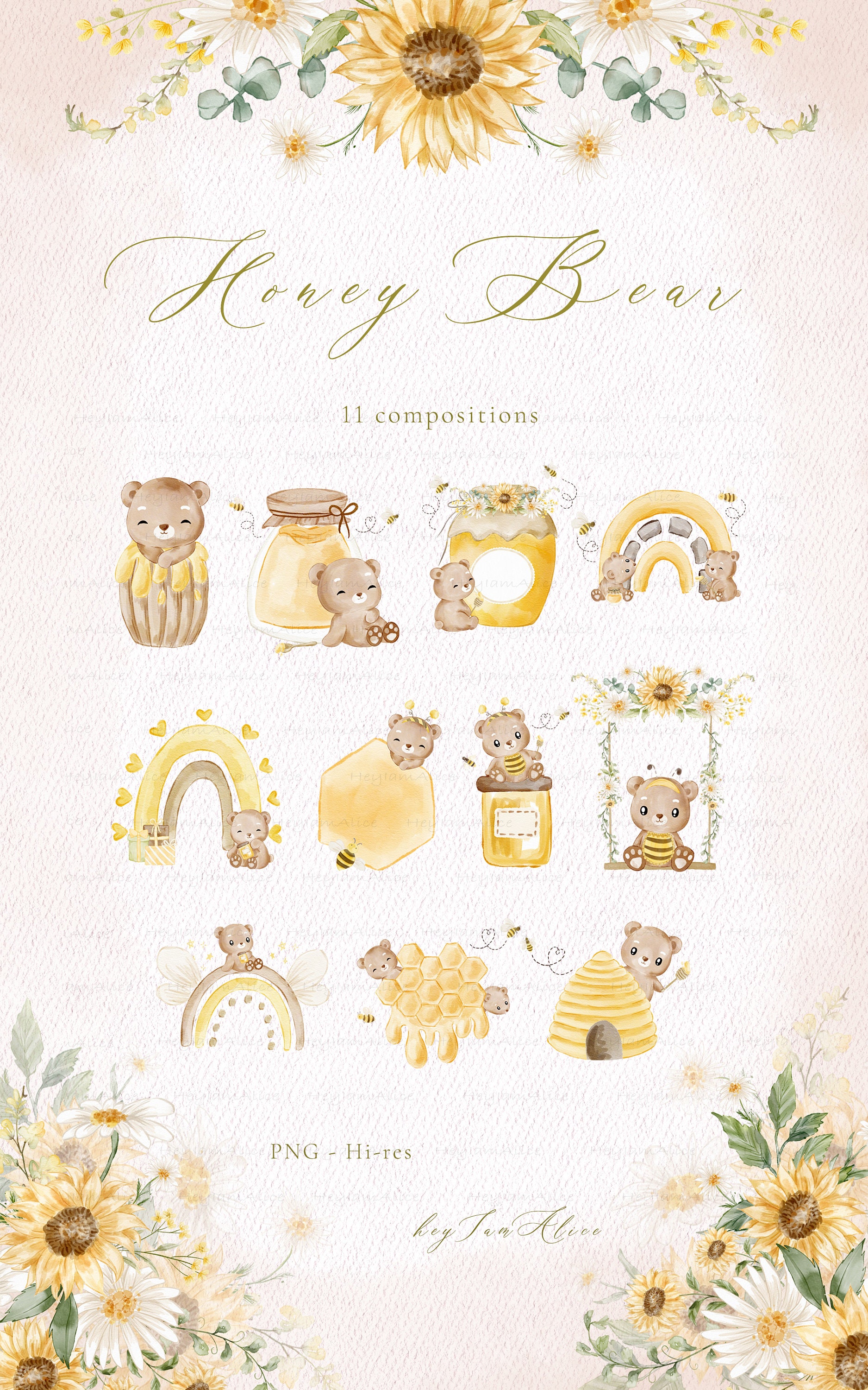 Bee and Honey Watercolor Clipart Honey Bear Graphic PNG - Etsy