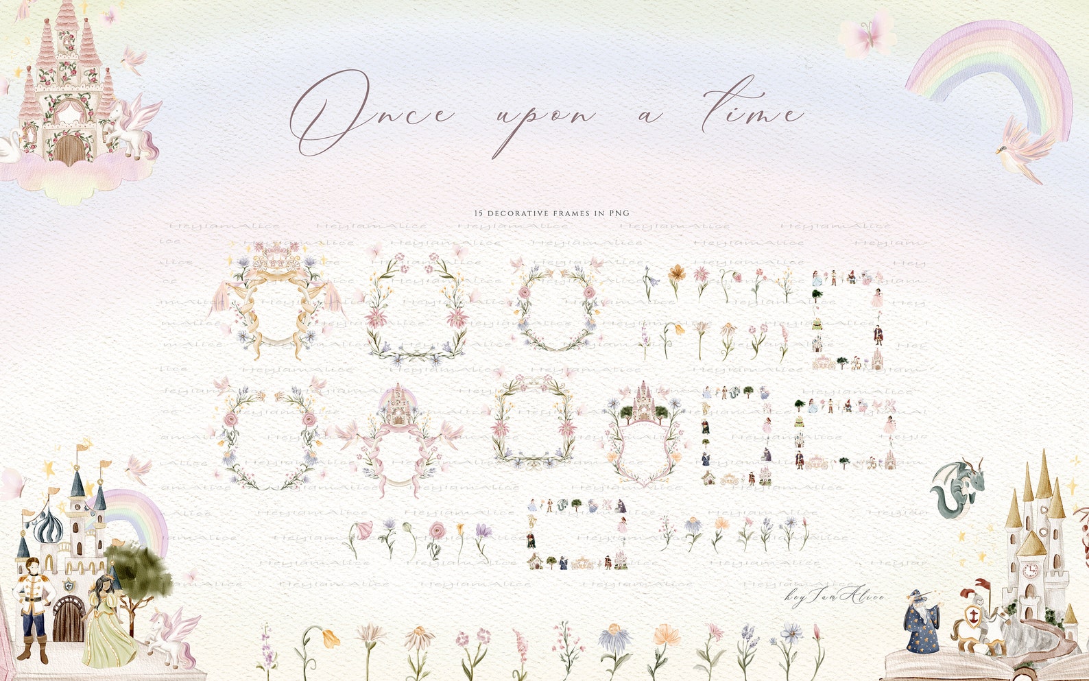 Princess and Knight Watercolor Clipart, Fairy Tale Graphics, Dragon ...