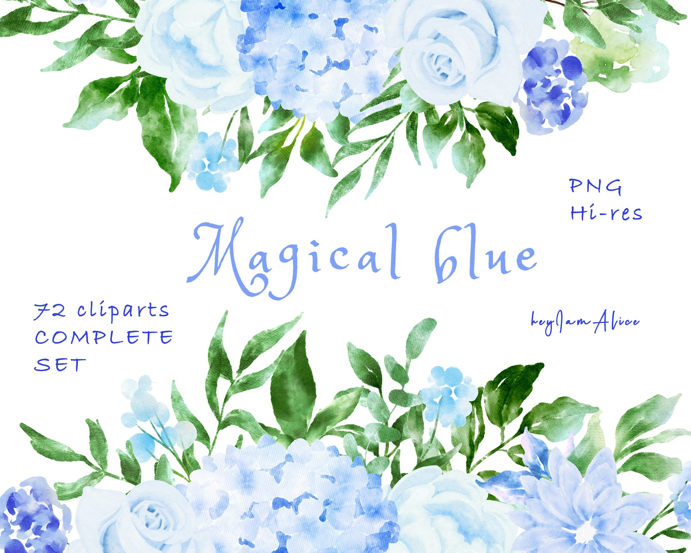 Blue Floral Watercolor Clipart, FREE Commercial Use, Greenery Clipart ...