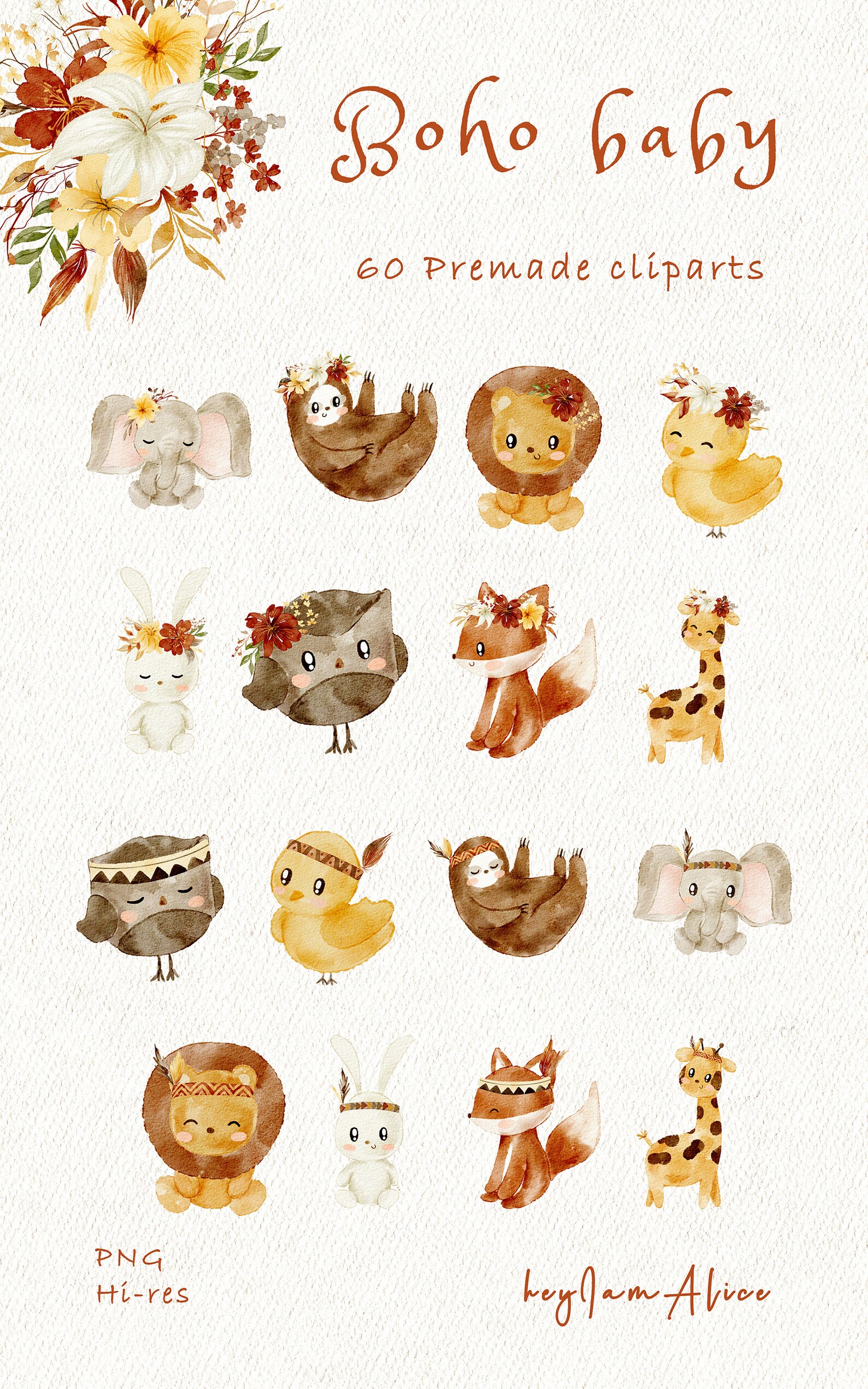 Boho Nursery Clipart, Watercolor Baby Animal Clipart, Newborn Boho Baby ...