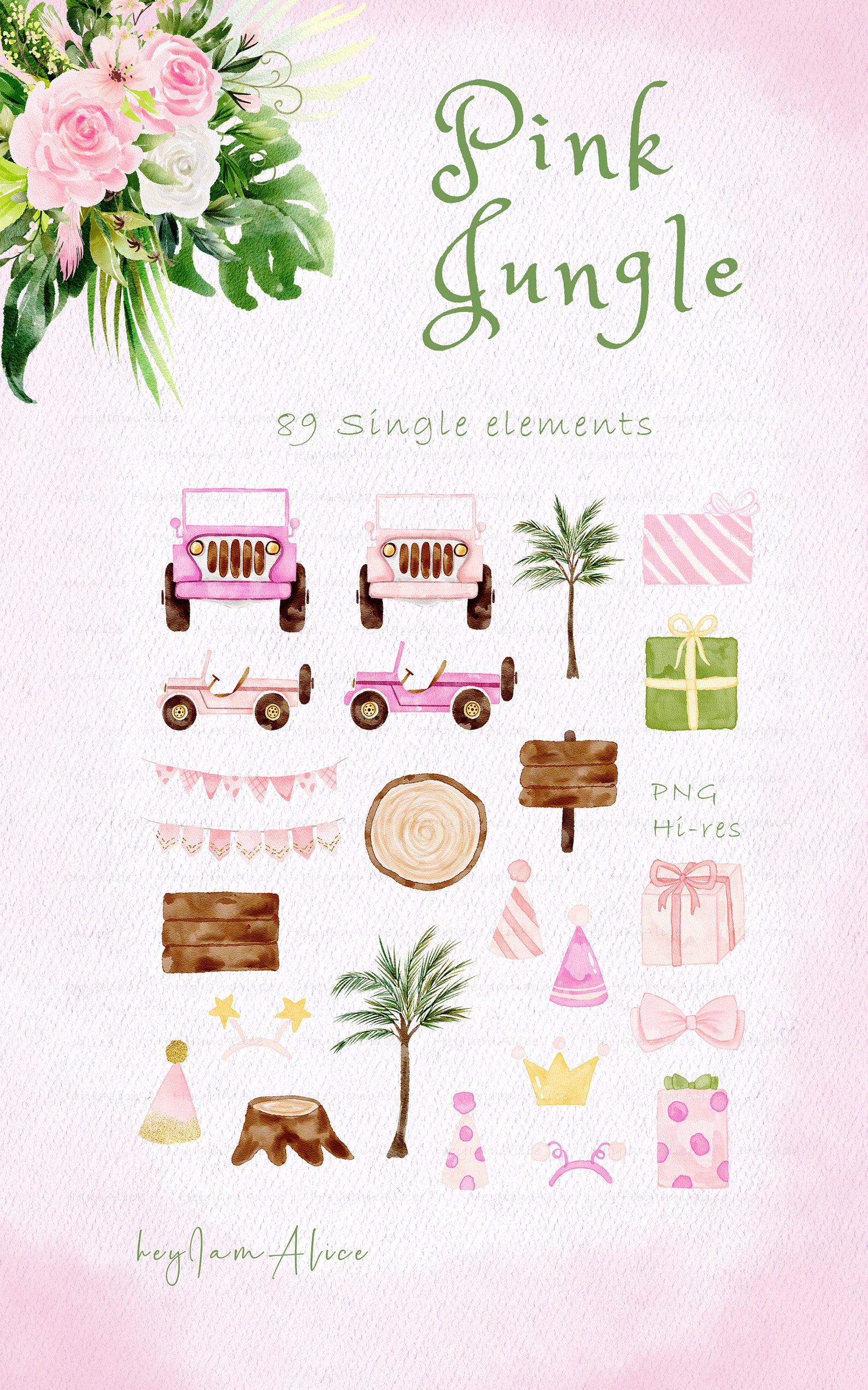 Pink Jungle Watercolor Animal Clipart Jungle Nursery Jungle | Etsy