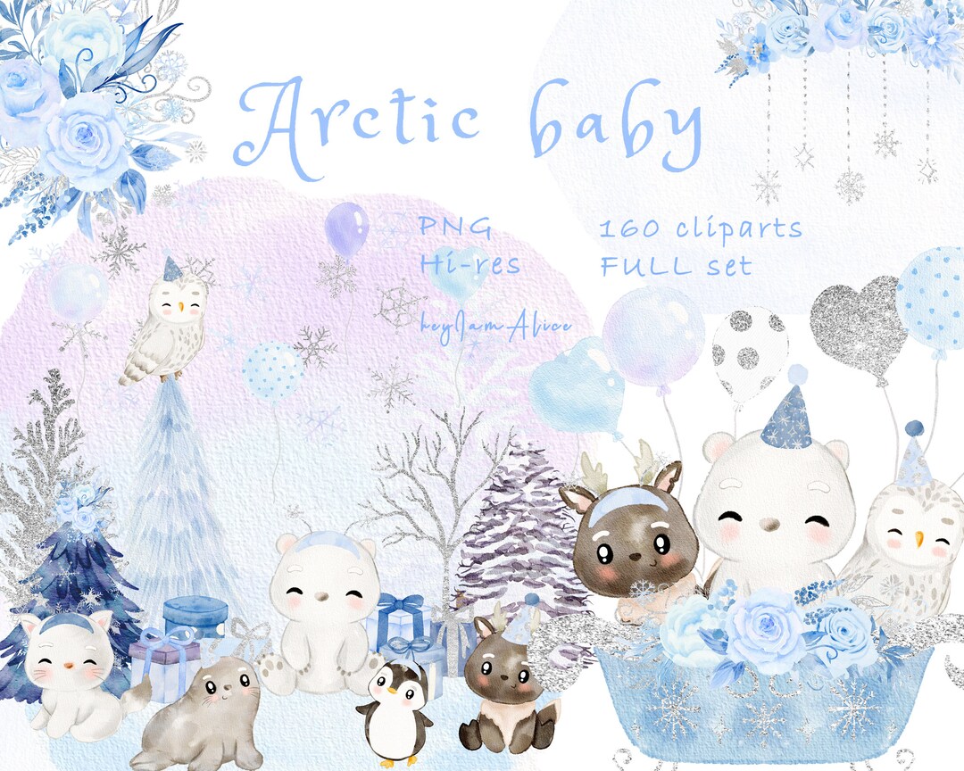 Arctic Animal Watercolor Clipart, Winter Holiday Graphic, Baby Polar ...