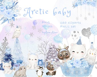 Arctic Animal Watercolor Clipart Winter Holiday Graphic Baby | Etsy