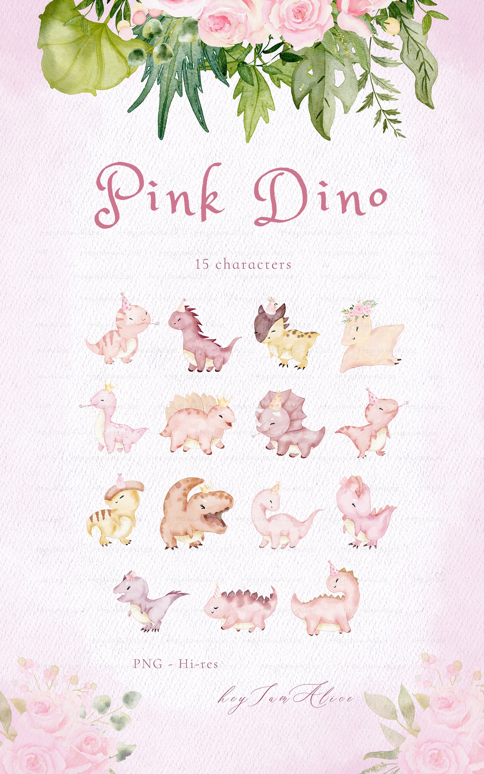 Baby Pink Dinosaurs Watercolour Clipart Cute Girl Dinosaurs - Etsy