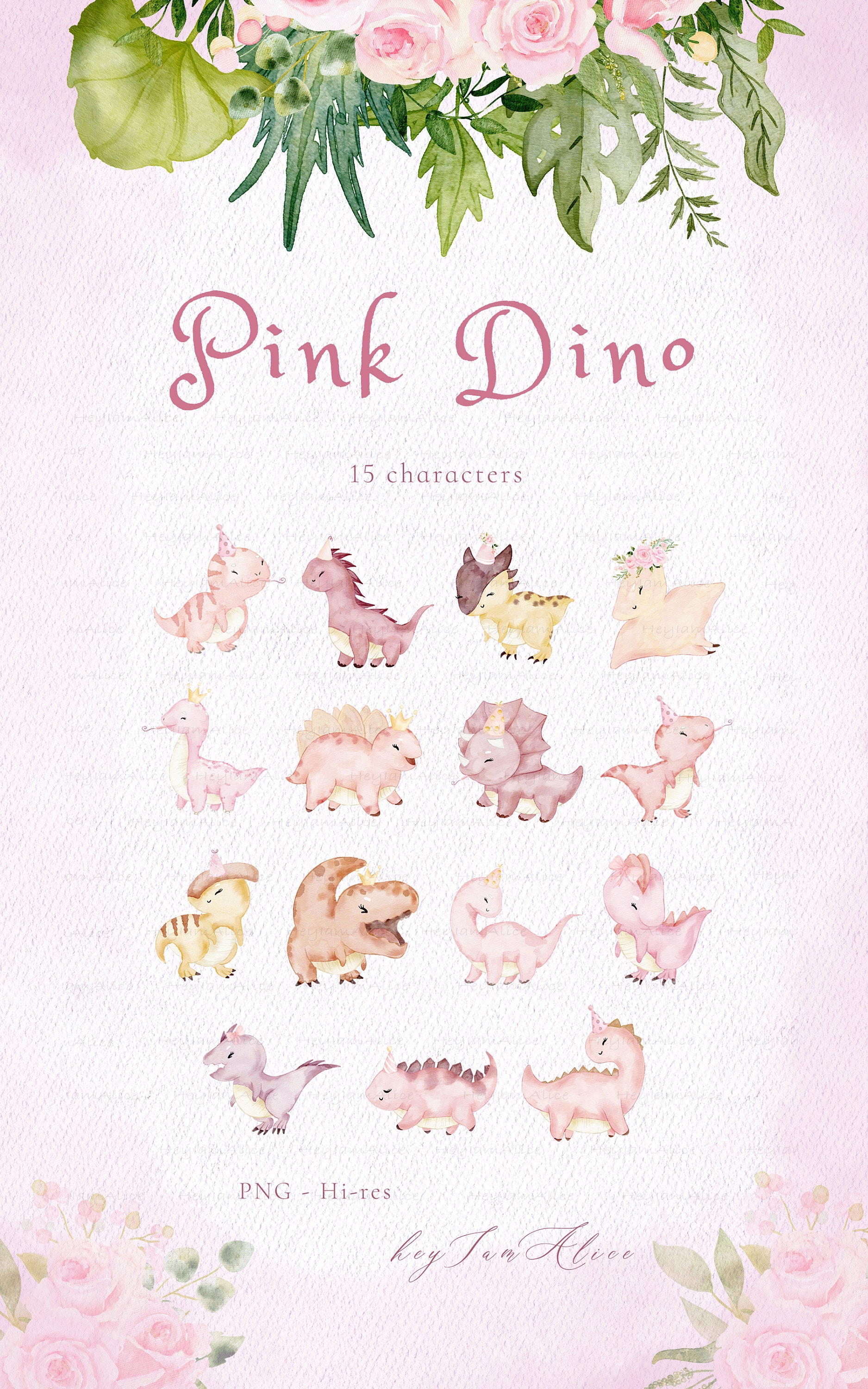 Baby Pink Dinosaurs Watercolour Clipart Cute Girl Dinosaurs - Etsy