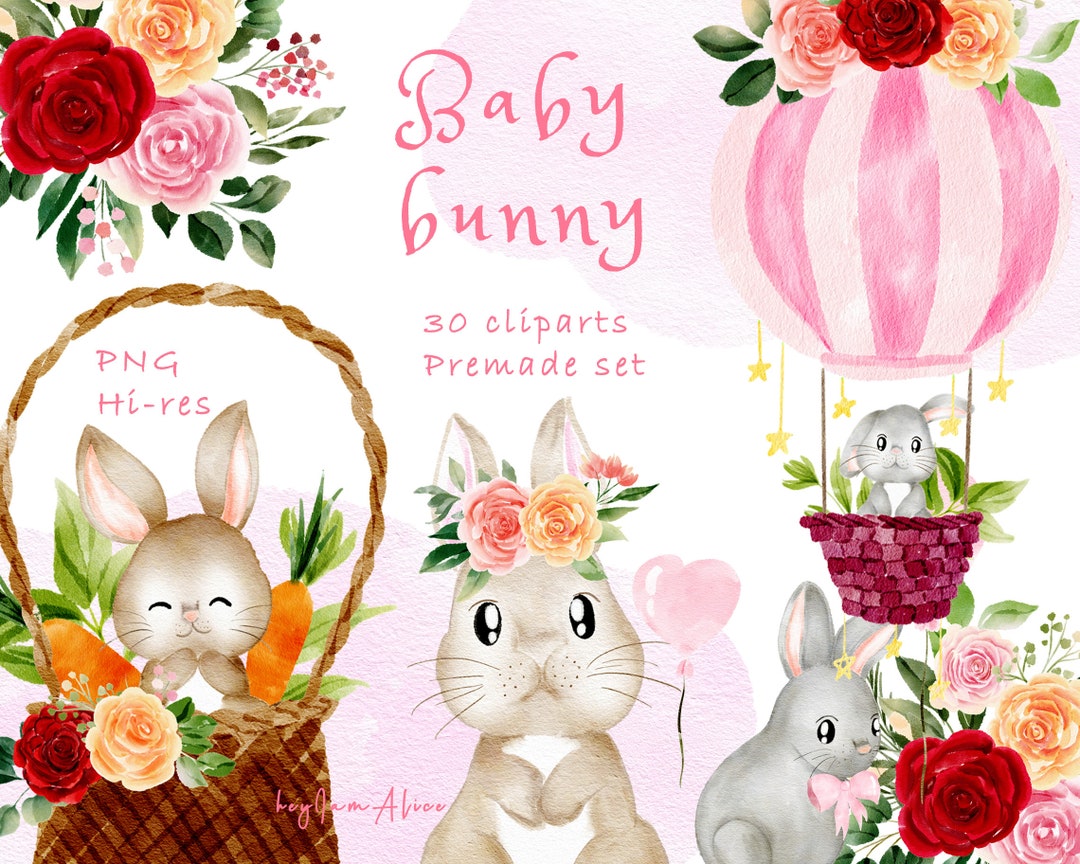 Baby Bunny Clipart, Pink Watercolor Rabbit PNG, Sublimation Png ...