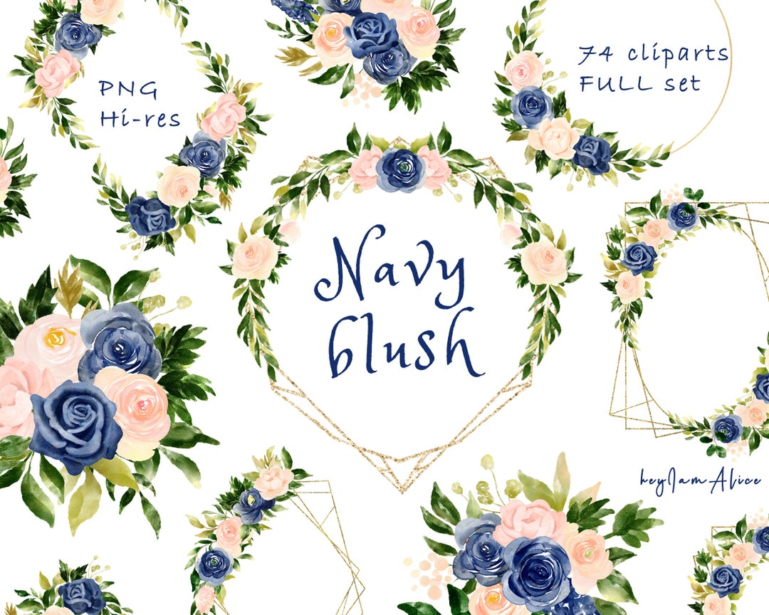 Navy Blush Flower Watercolor Clipart, FREE COMMERCIAL Use, Pink Floral ...