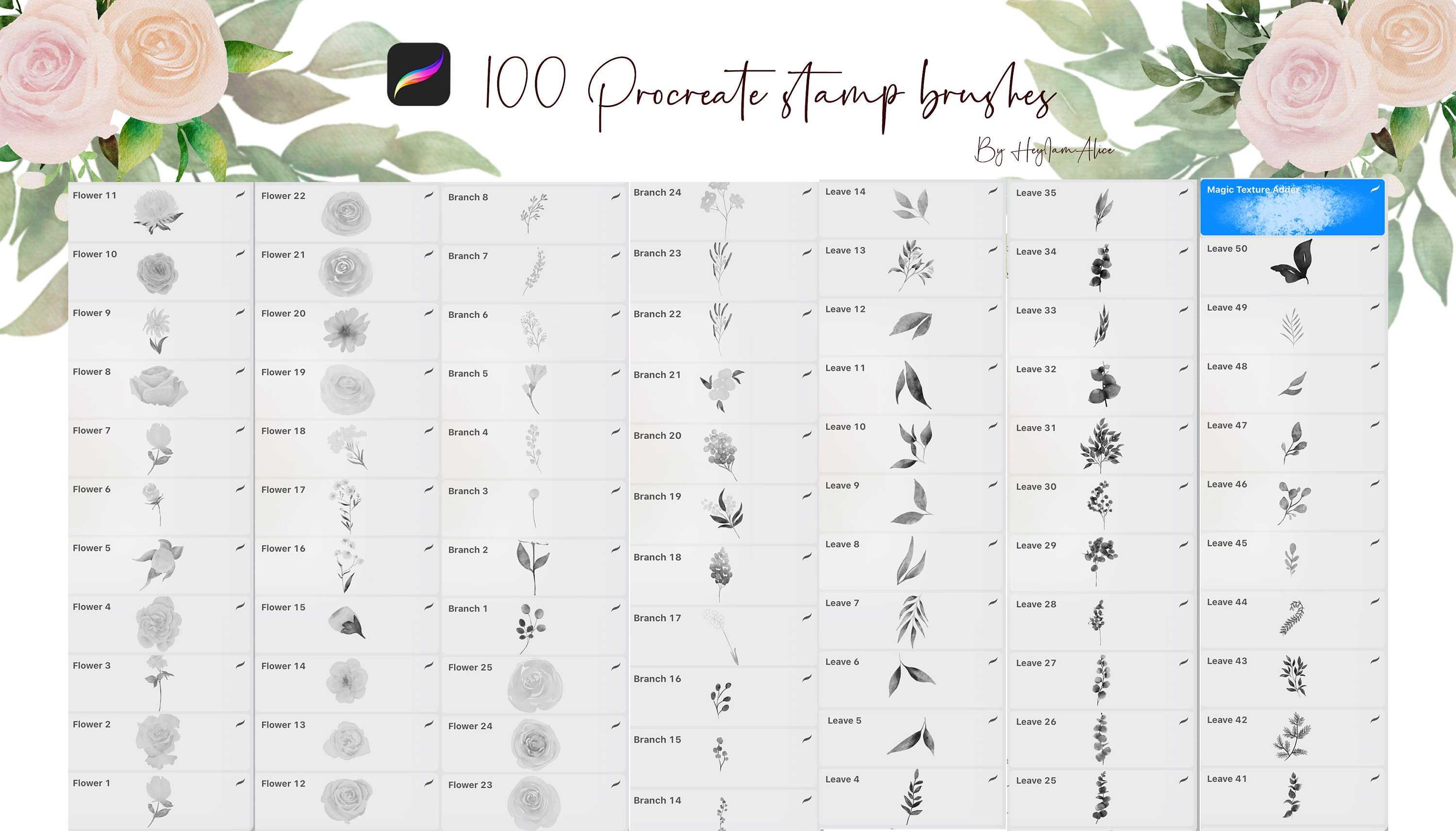 100 Realistic Watercolor Stamp, FREE COMMERCIAL USE, Floral Procreate ...