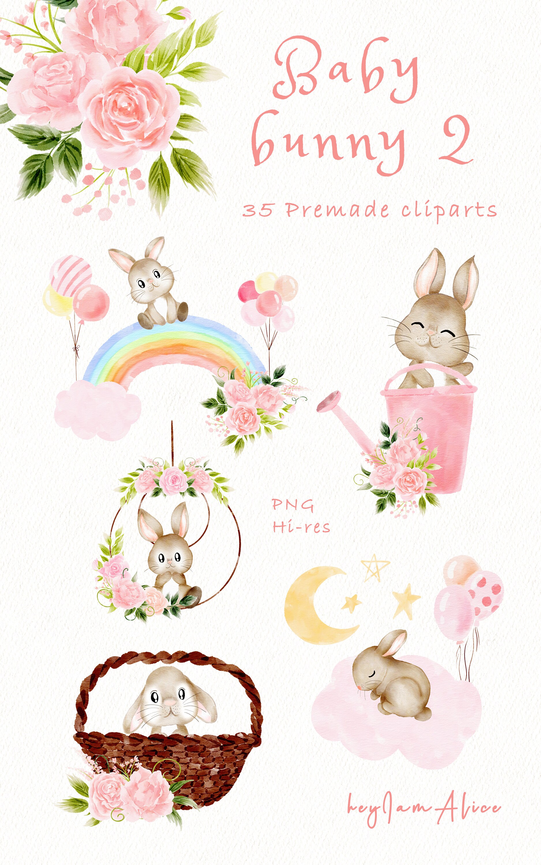 Baby Bunny Clipart Pink Watercolor Rabbit PNG FREE - Etsy