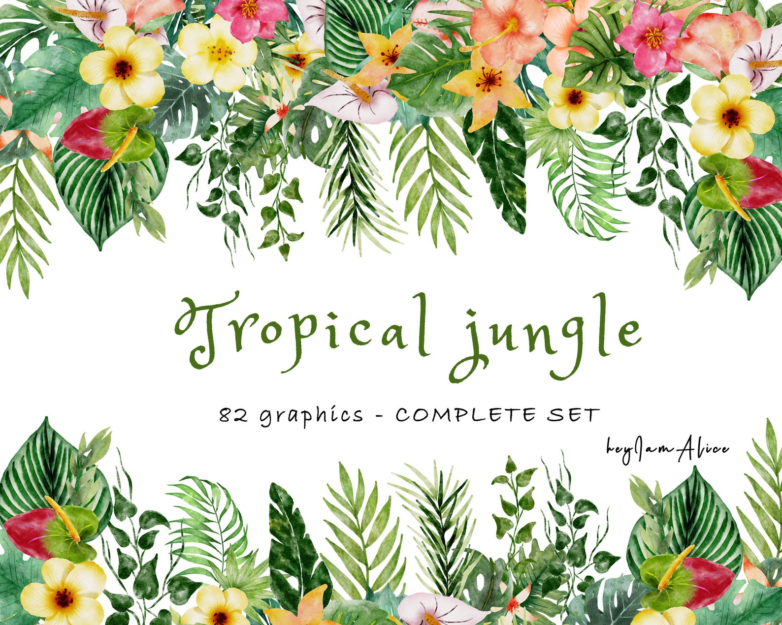 COMPLETE SET Tropical Jungle Flower Watercolor Clipart Free | Etsy
