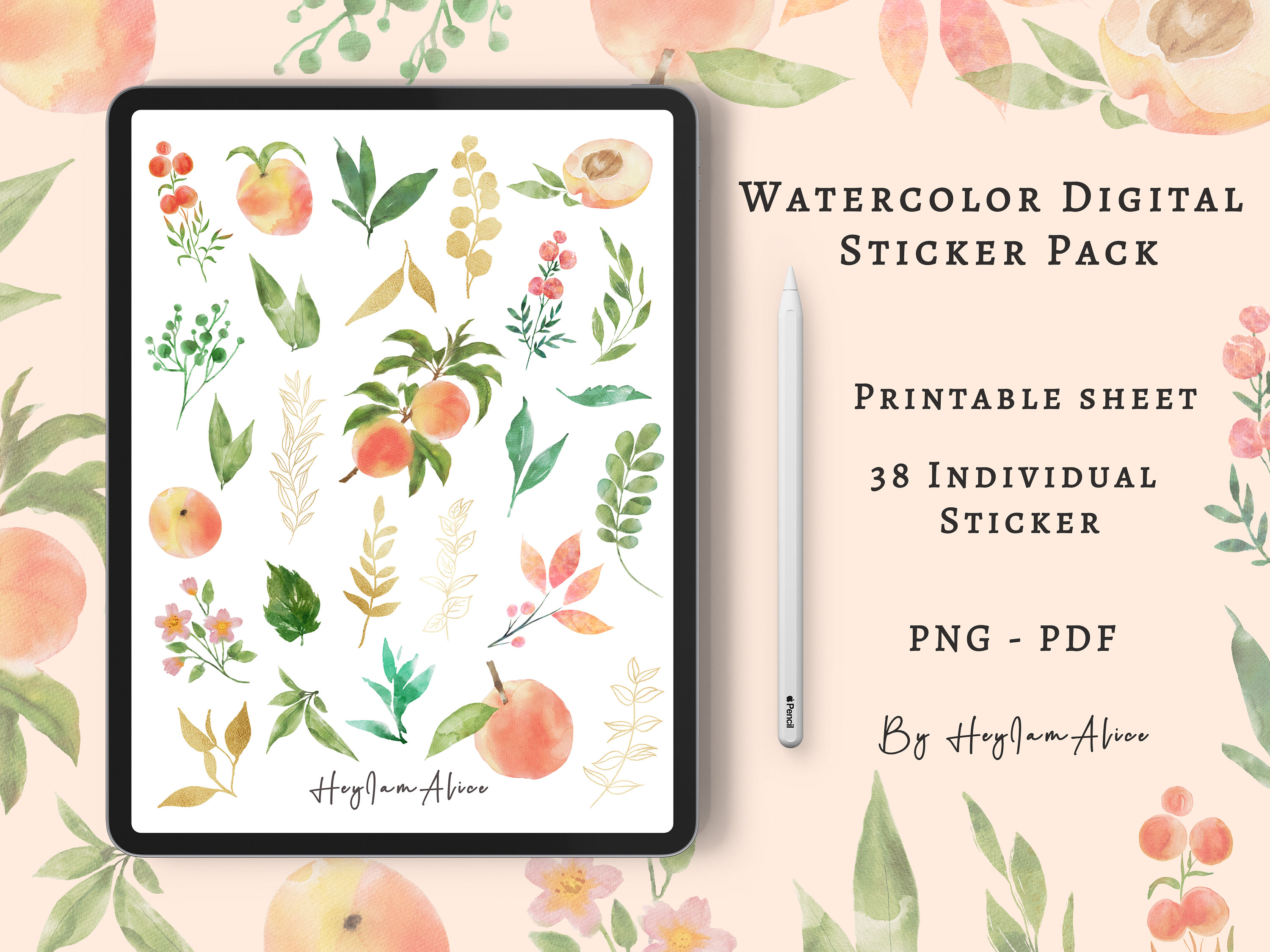 Golden Peach Digital Sticker, Printable Sticker Sheet, Watercolor ...