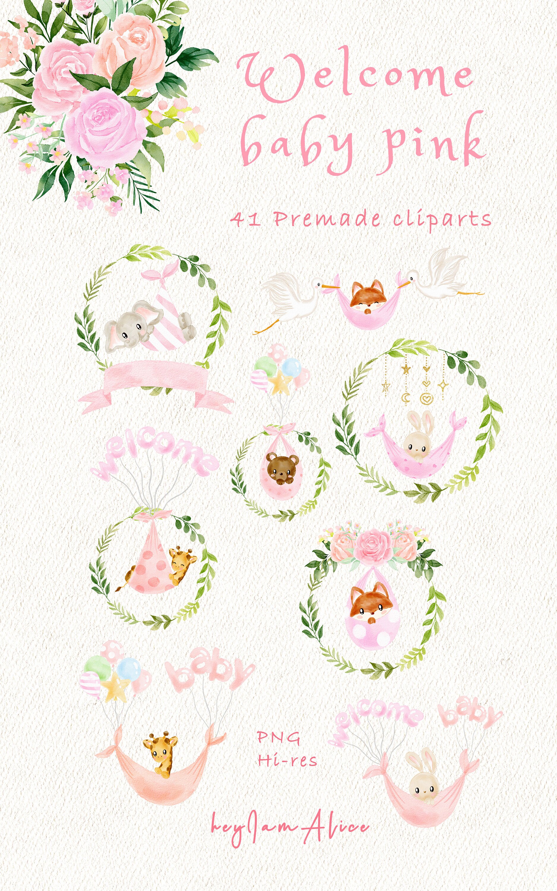 Welcome Baby watercolor clipart baby animal nursery pink | Etsy