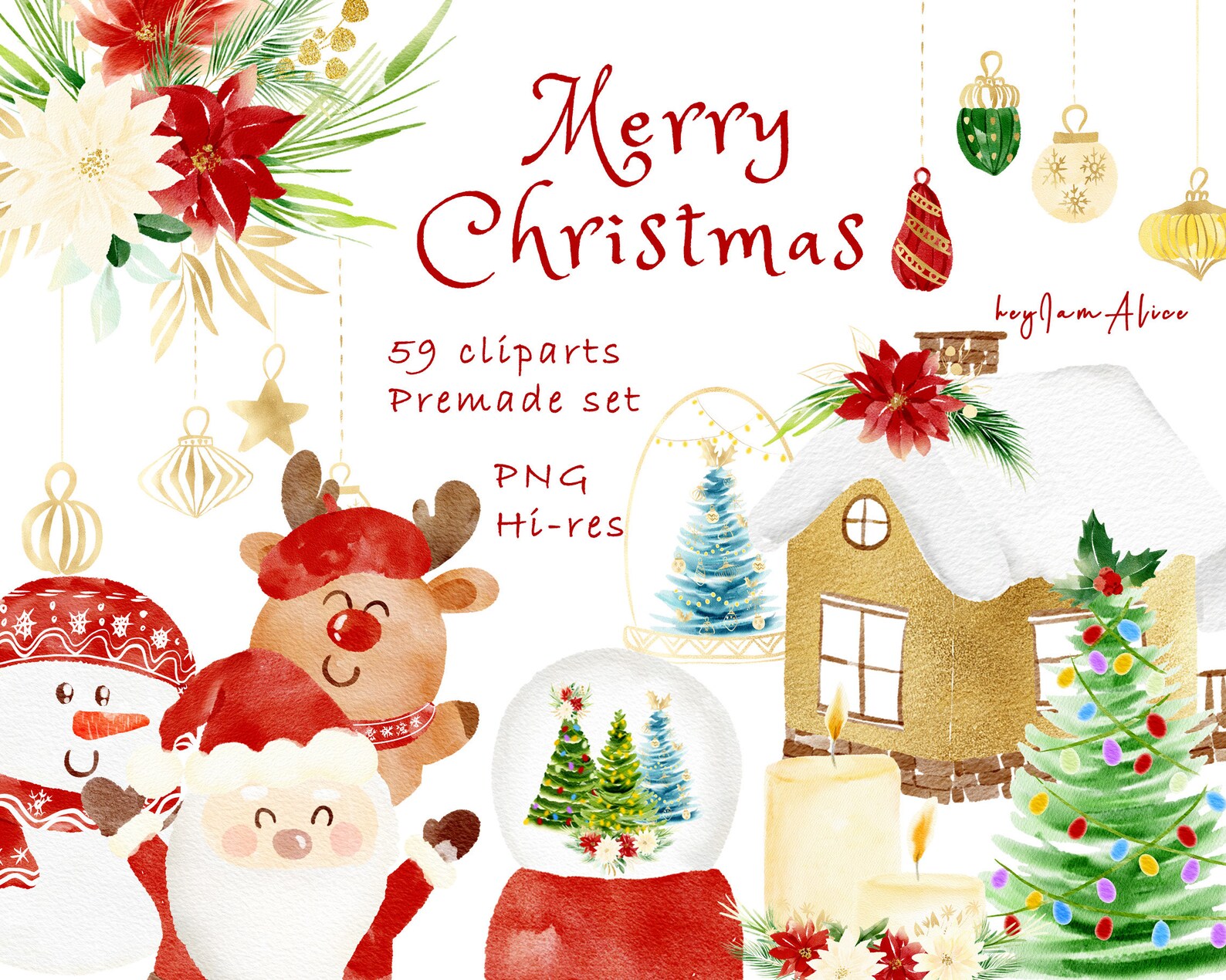 Christmas Clipart FREE COMMERCIAL use Watercolor merry X-mas | Etsy