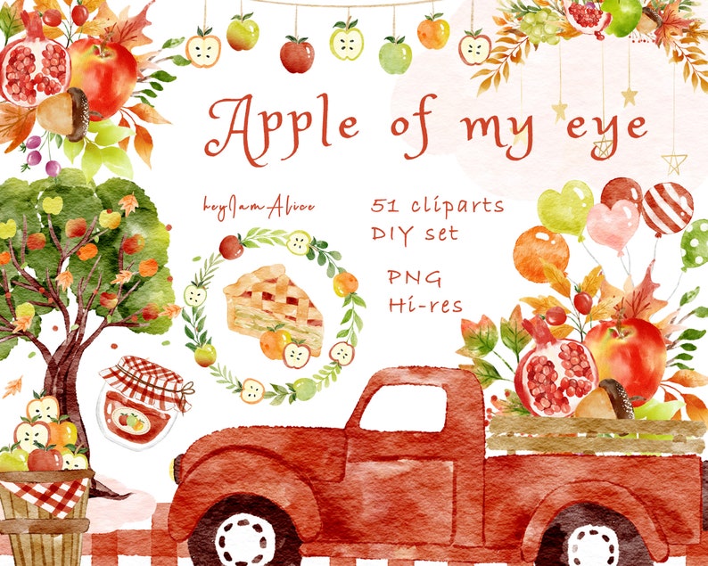 Apple Clipart Watercolour Autumn PNG Apple of My Eye - Etsy