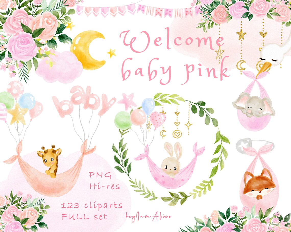 Welcome Baby Watercolor Clipart, Baby Animal, Nursery Pink, Gender ...