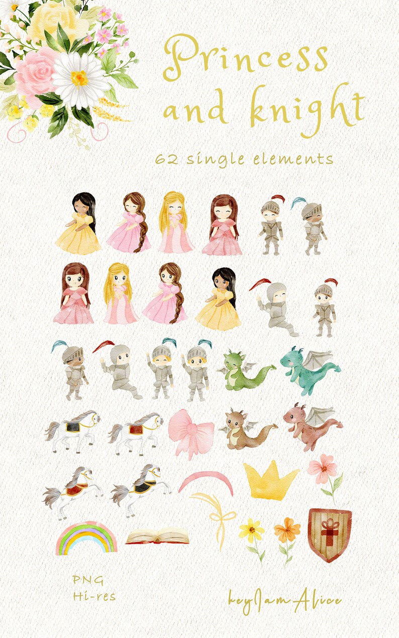 Princess and Knight Watercolor Clipart, Fairy Tale Graphics, Dragon ...