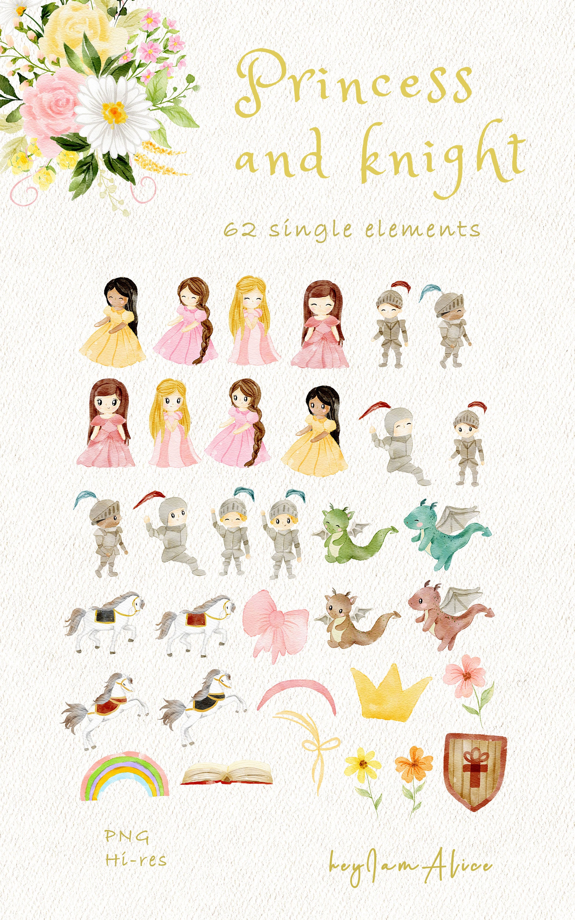 Princess and Knight Watercolor Clipart, Fairy Tale Graphics, Dragon ...