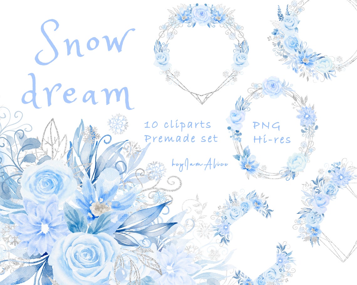 Blue Floral Watercolour Clipart, Winter Flower PNG, Blue Snow Clipart ...