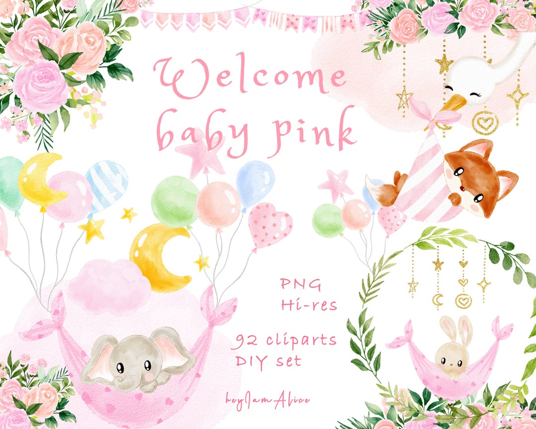 Welcome Baby Watercolor Clipart, Baby Animal, Nursery Pink, Gender ...