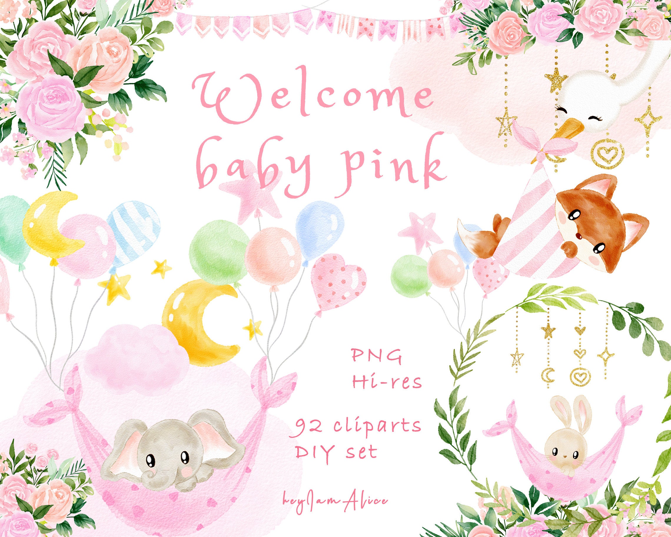 Welcome Baby Watercolor Clipart, Baby Animal, Nursery Pink, Gender ...