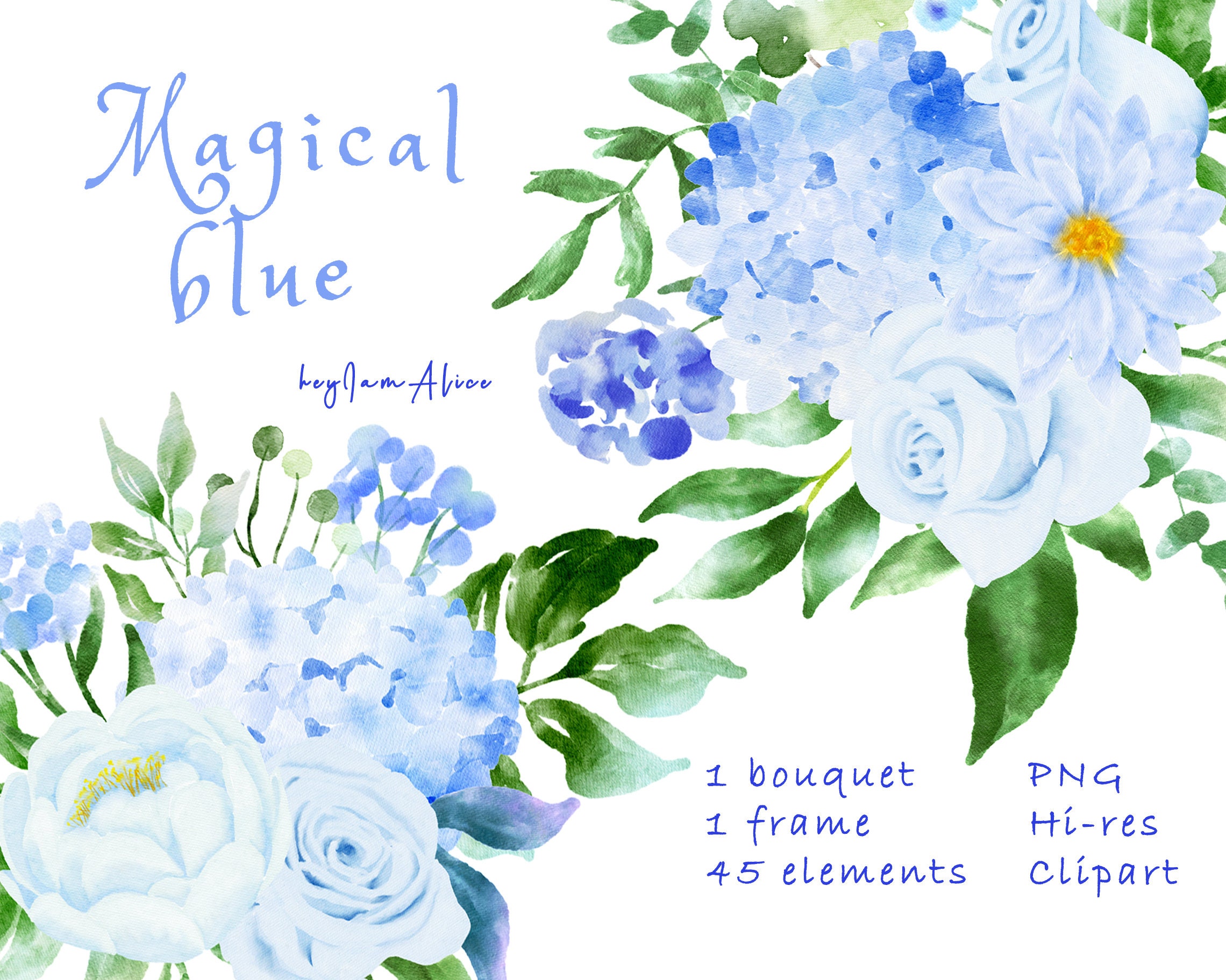 Blue Floral Watercolor Clipart FREE Commercial Use Greenery - Etsy