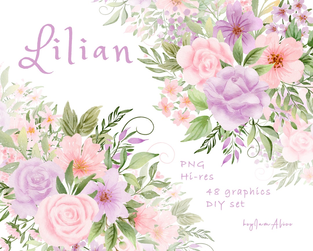 Pink Purple Flower Watercolor Clipart, Soft Pink Floral PNG, Wedding ...