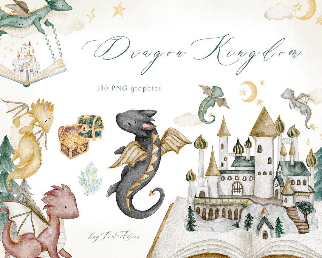 Dragon Watercolor Clipart Knight Digital Clipart Fairy Tale - Etsy