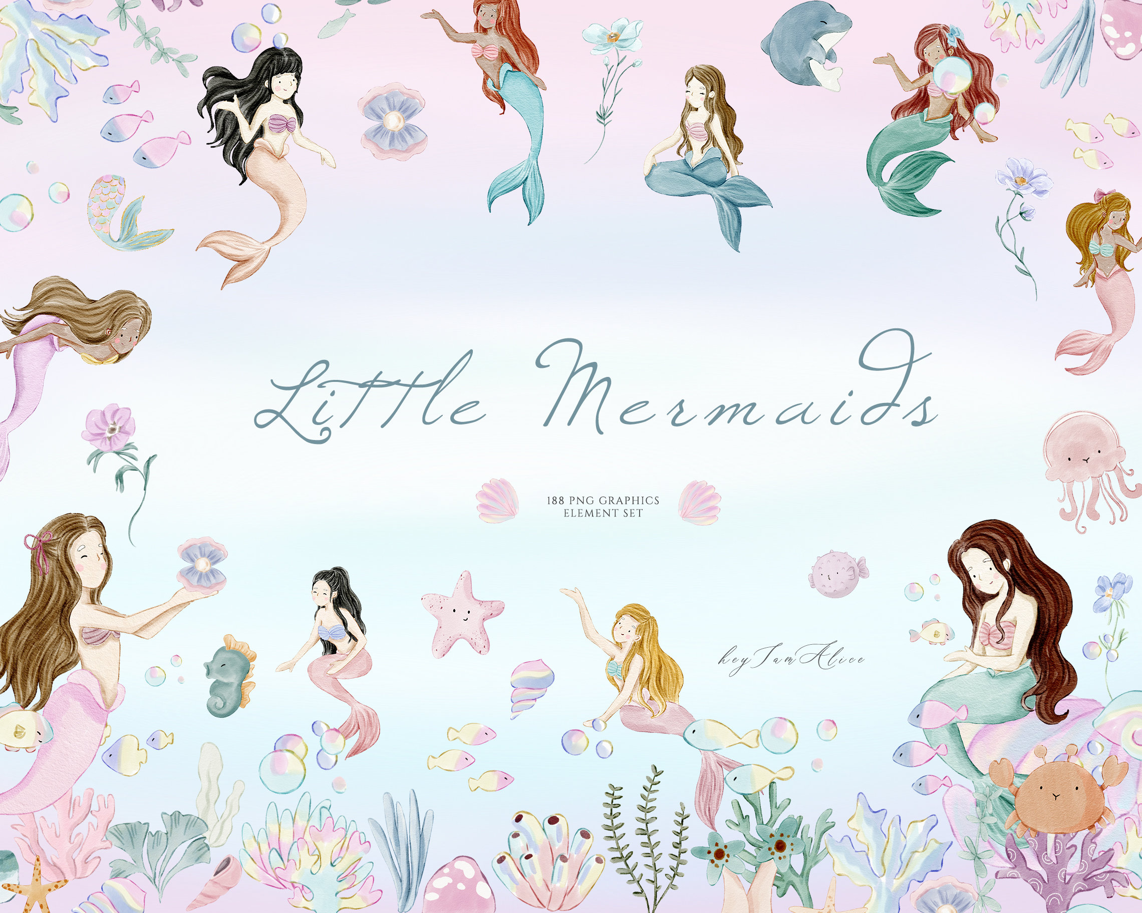 Mermaid Clipart, Little Mermaid Watercolor Graphic, Nursery Clipart ...