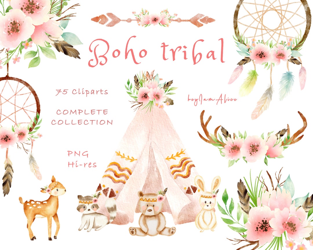 COMPLETE Boho Tribal Clipart, FREE COMMERCIAL Use, Watercolor Feather ...