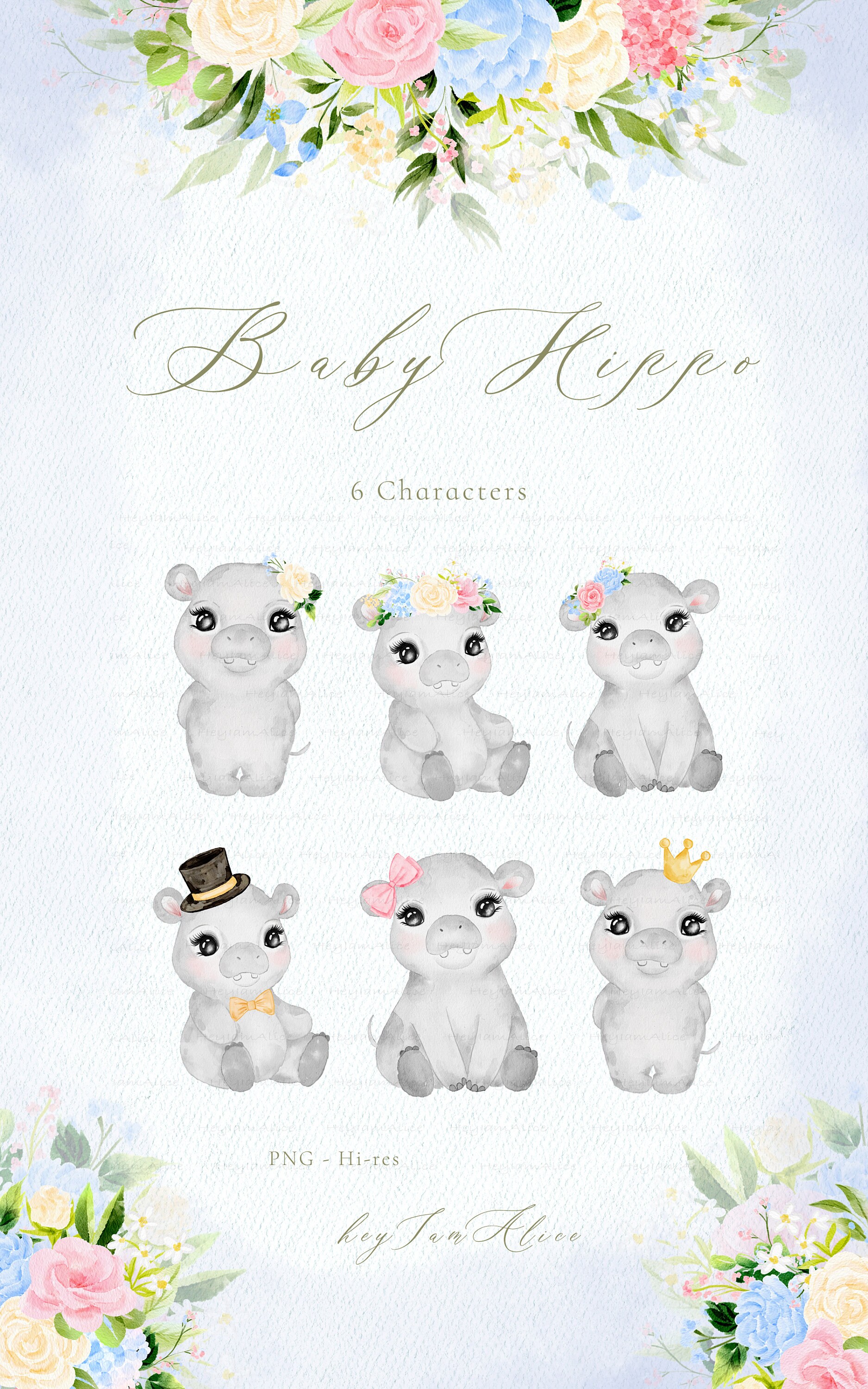 Jungle Watercolor Animal Clipart Baby Hippo Safari Baby - Etsy