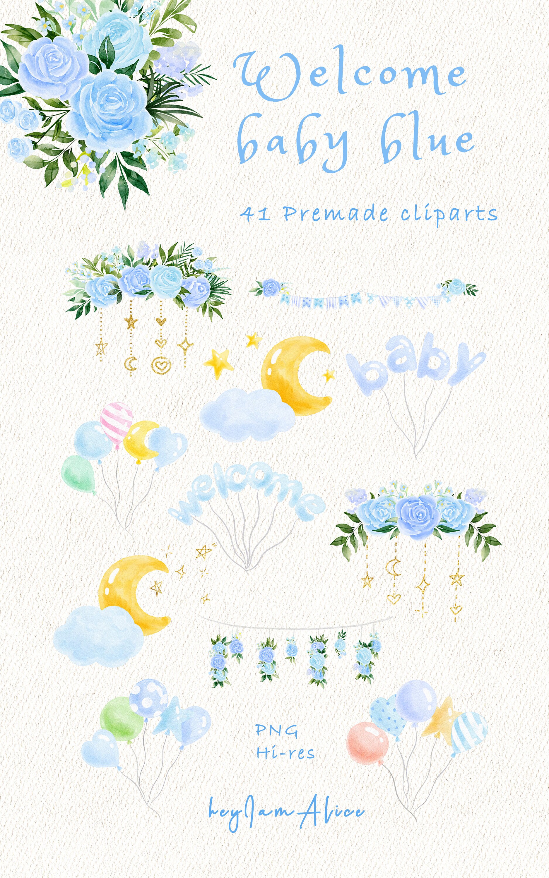 Welcome Baby Watercolor Clipart Baby Animal Nursery Blue - Etsy