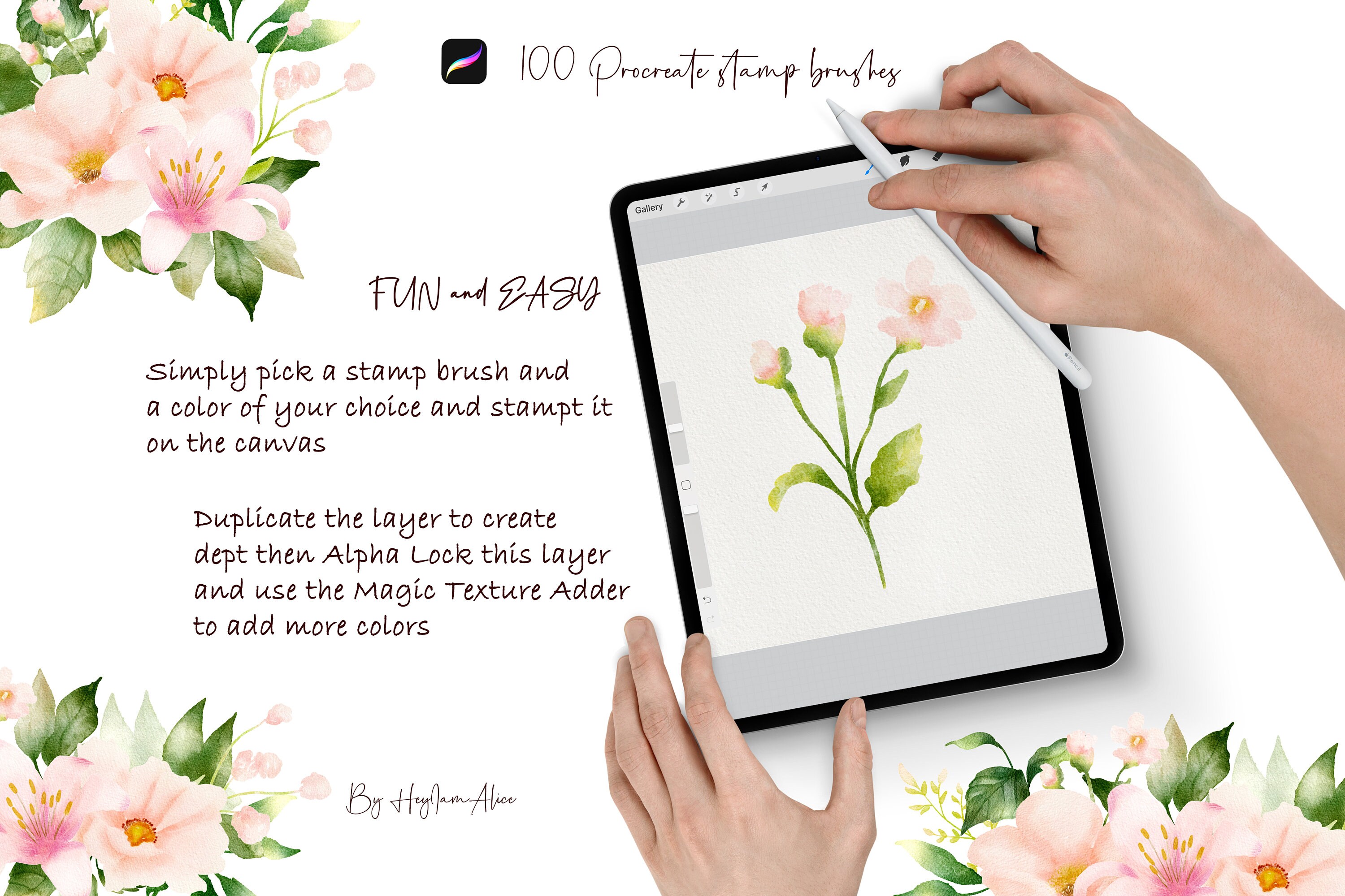 100 Realistic Watercolor Stamp, FREE COMMERCIAL USE, Floral Procreate ...