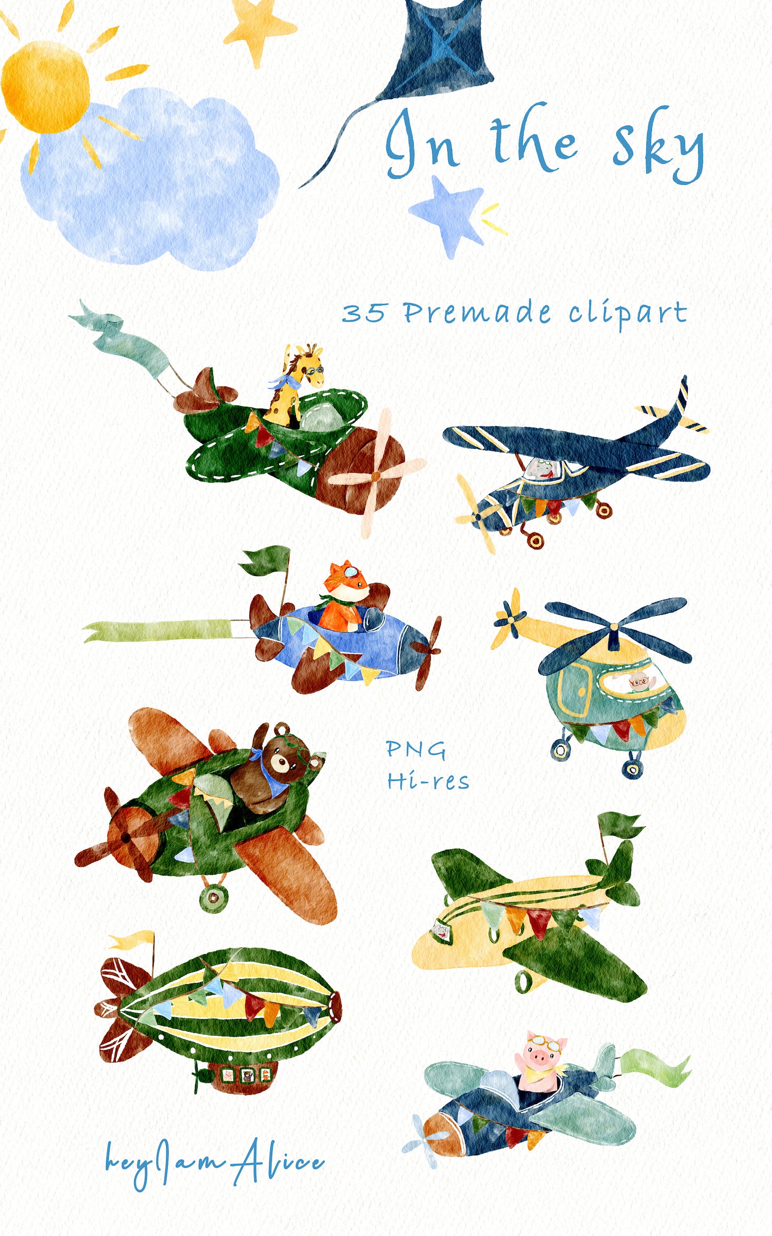 Watercolor Baby Boy Airplane Clipart Animal Clipart FREE - Etsy
