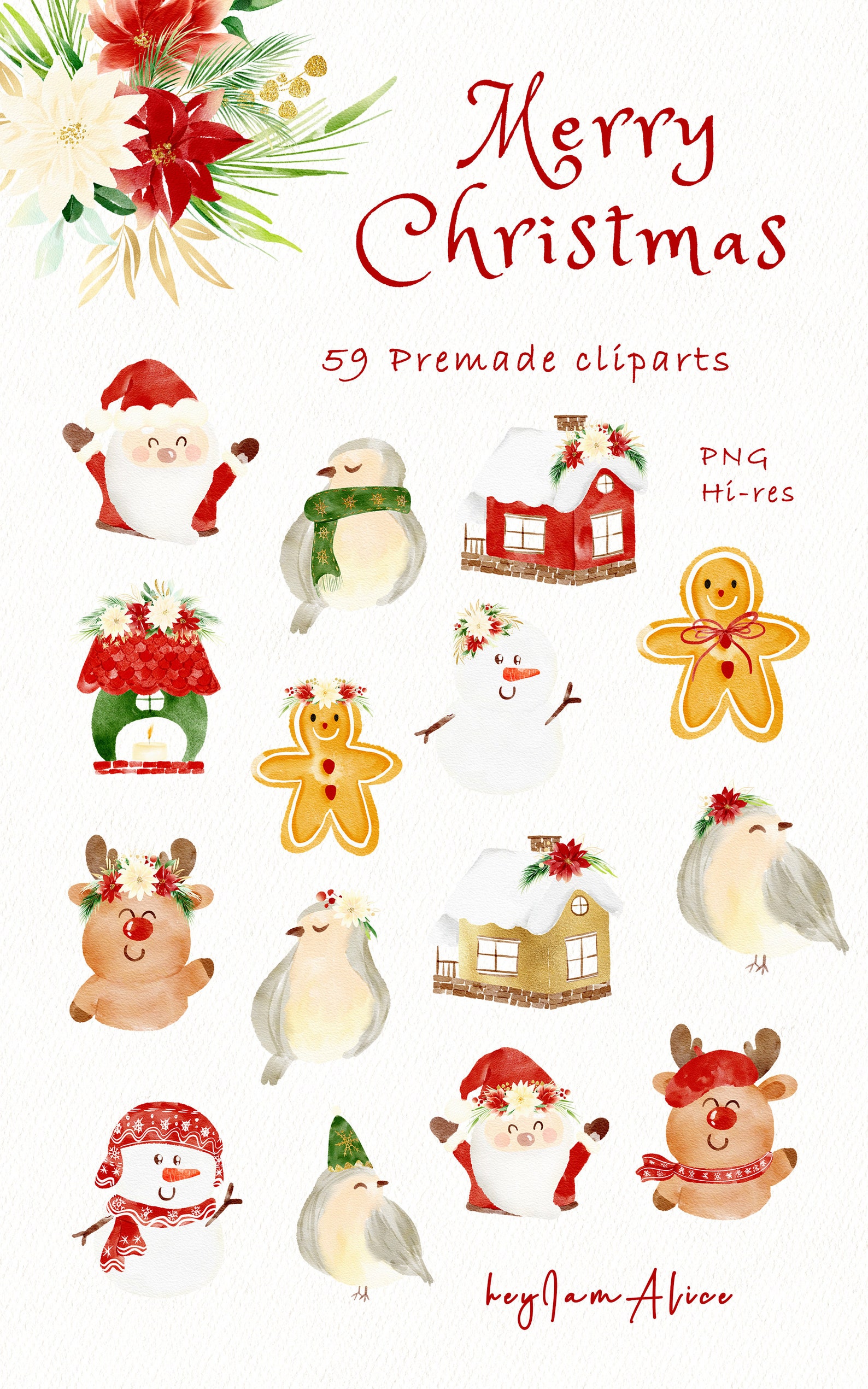 Christmas Clipart FREE COMMERCIAL use Watercolor merry X-mas | Etsy