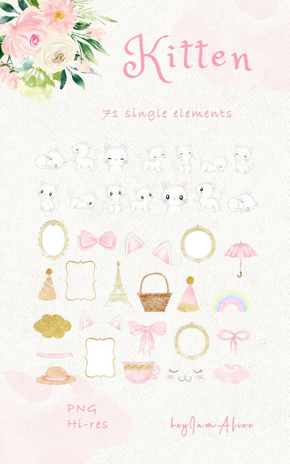 Baby Cat Watercolor Clipart, Kitten Graphic PNG, Cute Cat, Little ...