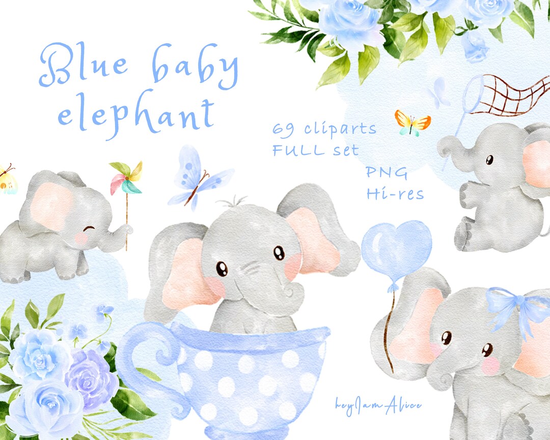 Baby Elephant Clipart, Blue Watercolor Elephant PNG, FREE COMMERCIAL ...