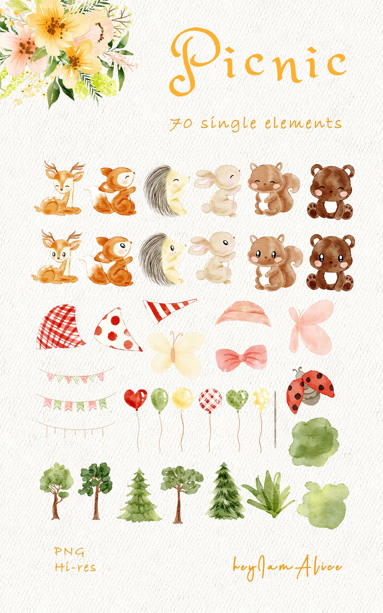 Picnic Woodland Animal Watercolor Clipart Forest Baby - Etsy