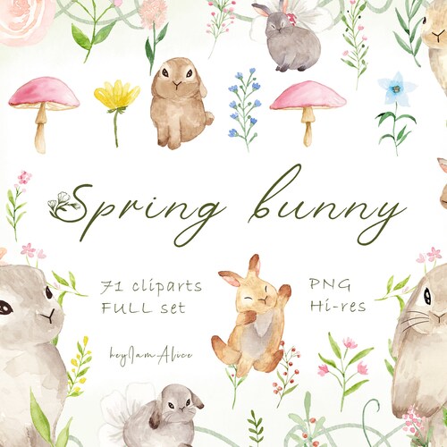 Watercolor Easter Clipart Spring Rabbit Clipart Watercolor | Etsy