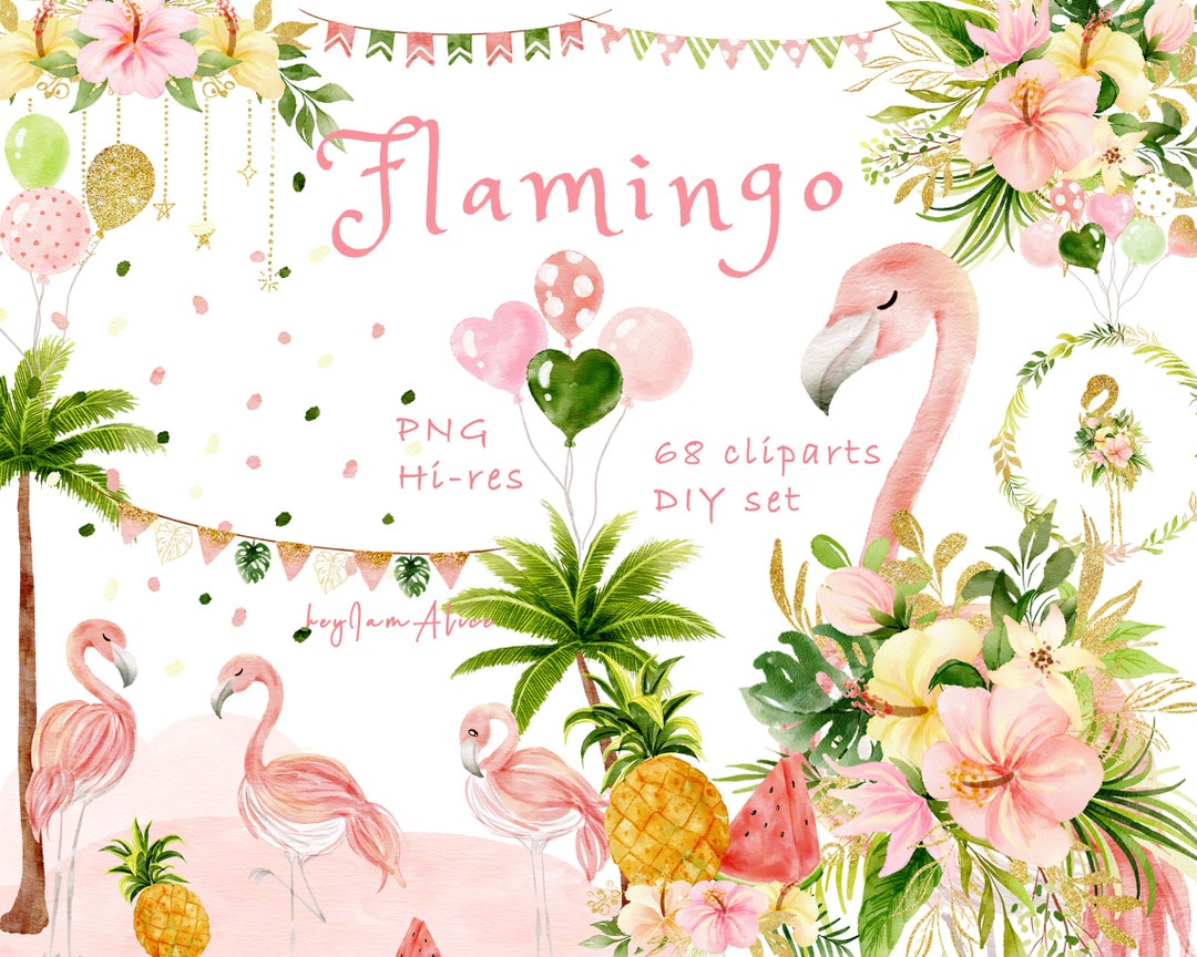 Tropical Flamingo Watercolor Clipart, Pink Flamingo PNG, Summer Party ...