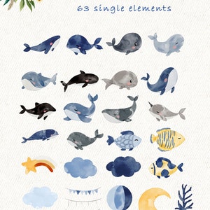 Whale Clipart, Watercolor Ocean Graphic, Cute Sea Animal PNG, Under the ...