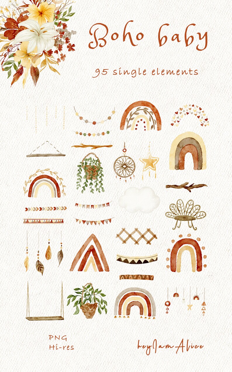 Boho Nursery Clipart, Watercolor Baby Animal Clipart, Newborn Boho Baby ...